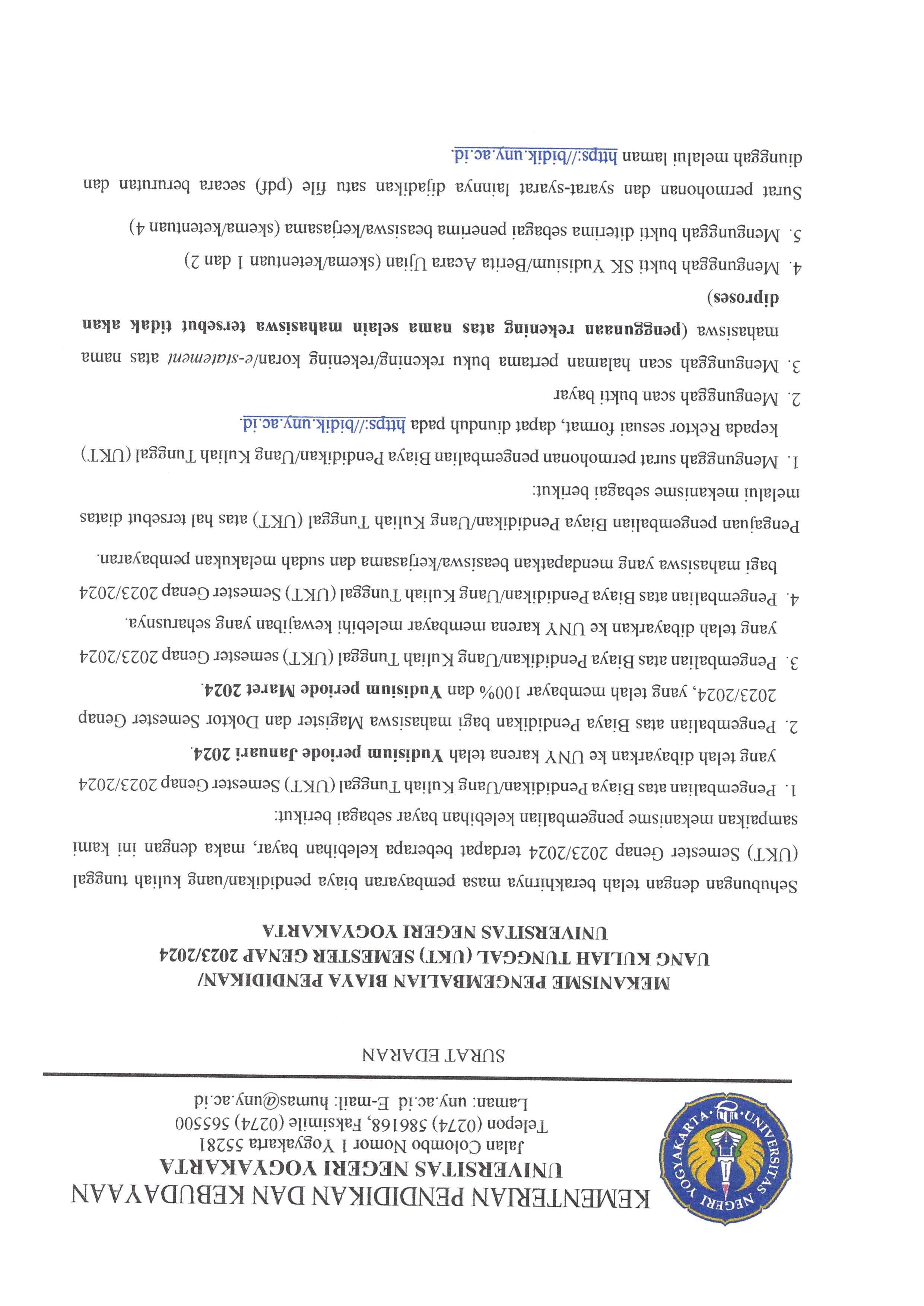 MEKANISME PENGEMBALIAN BIAYA PENDIDIKAN/UKT SEMESTER GENAP 2023/2024 | Universitas Negeri Yogyakarta